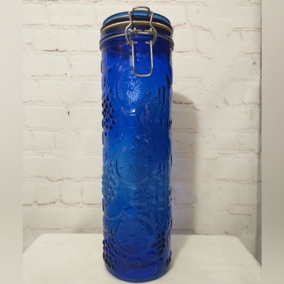 Kitchen | Vintage Cobalt Blue Glass Fruit Embossed Canister With Metal ...